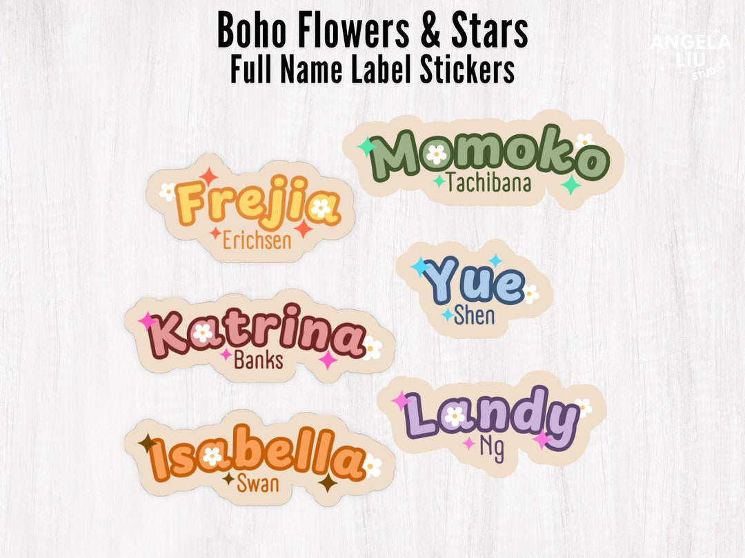 Boho Flowers & Stars Full Name Labels | Personalized Waterproof Girl ...