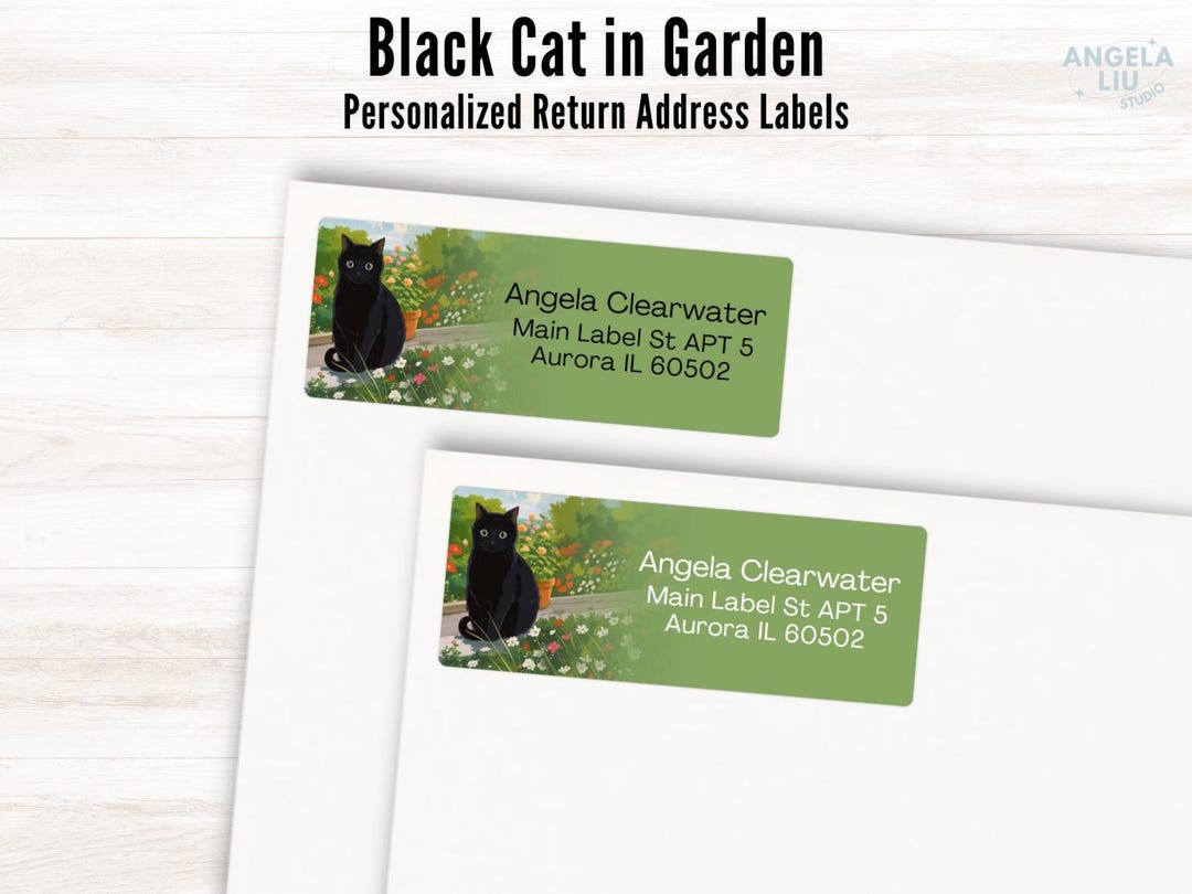Black Cat in Garden Personalize Return Address Labels | Cute Cat Custom ...