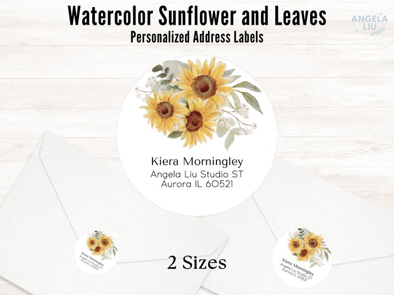 Watercolor Sunflower and Leaves Personalized Round Address Labels | Custom Return Address ...