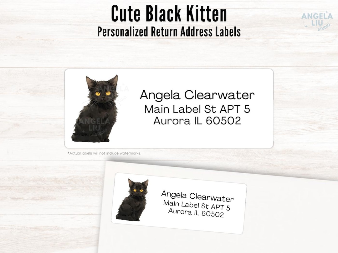 Black Cat Personalize Return Address Labels | Watercolor Cute Kitten ...