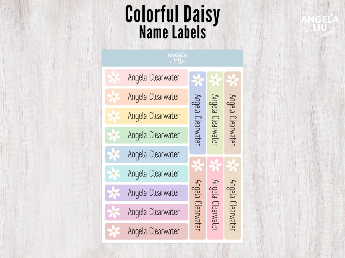 Colorful Daisy Name Labels | Skinny Long Strip Full Name Label Stickers ...