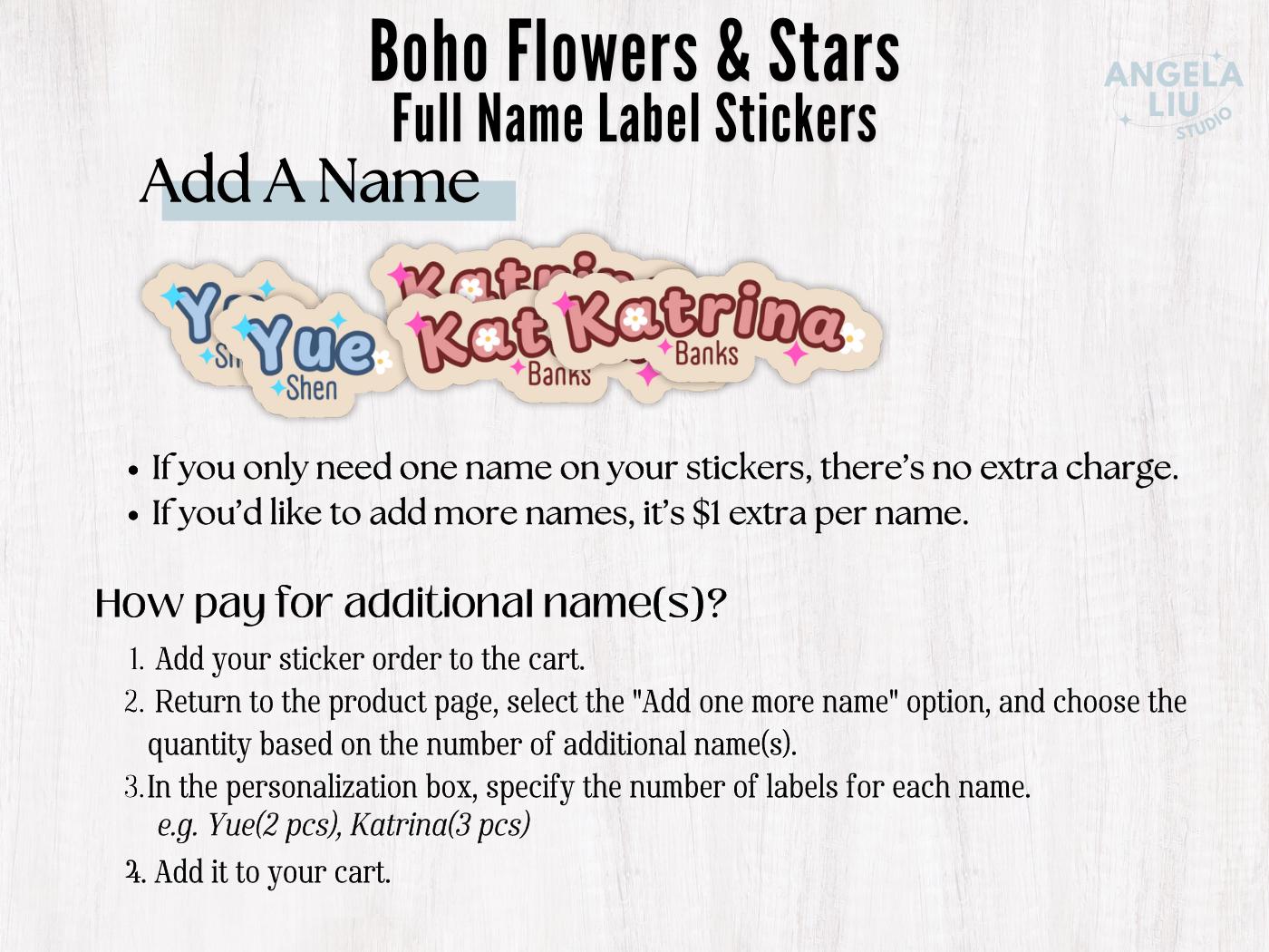 Boho Flowers & Stars Full Name Labels Personalized Waterproof Girl Name ...