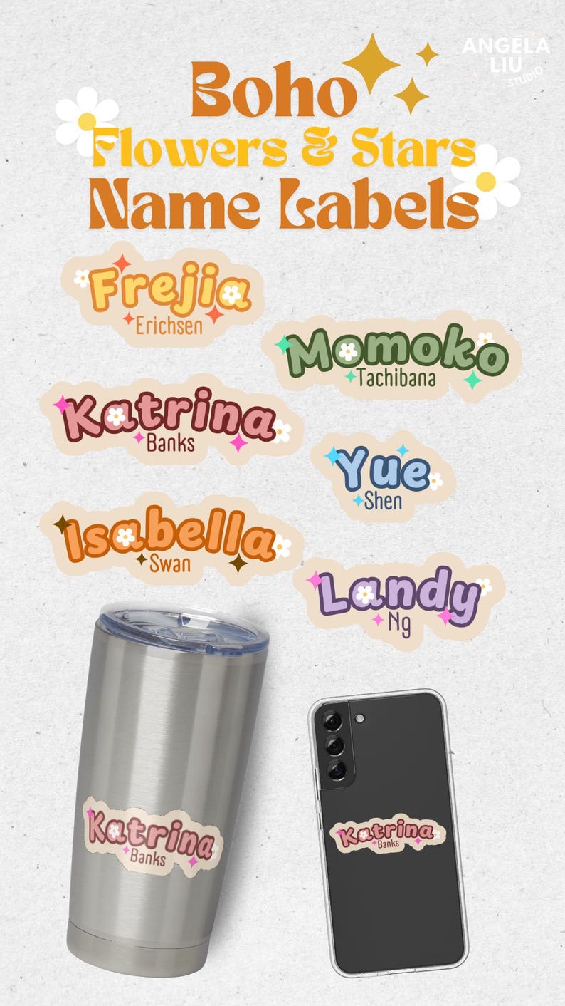 Boho Flowers & Stars Full Name Labels | Personalized Waterproof Girl ...