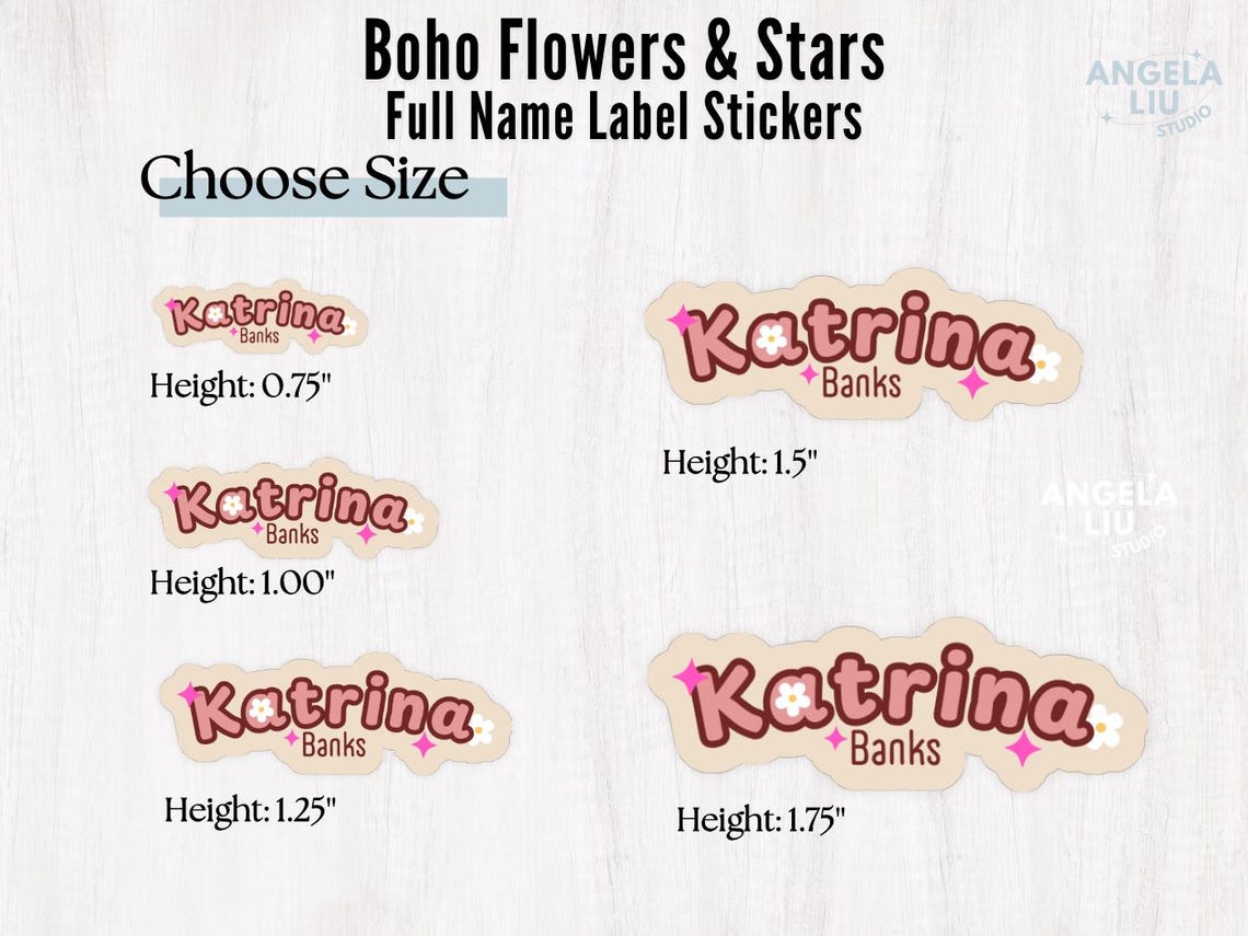 Boho Flowers & Stars Full Name Labels Personalized Waterproof Girl Name ...