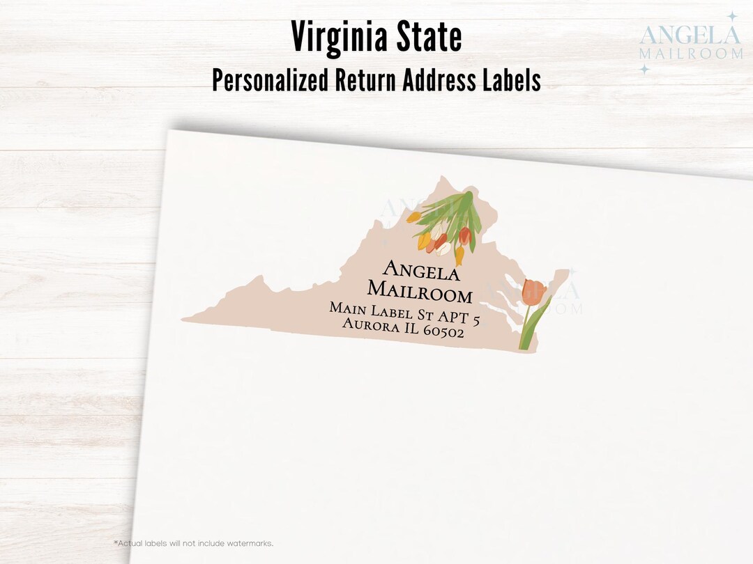 Tulips Virginia Map Personalized Return Address Labels, Set of 16 ...