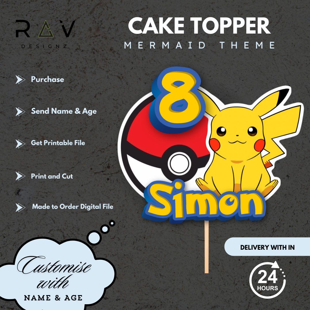 Editable Pokémon Pikachu Cake Topper Custom Printable Birthday Party ...