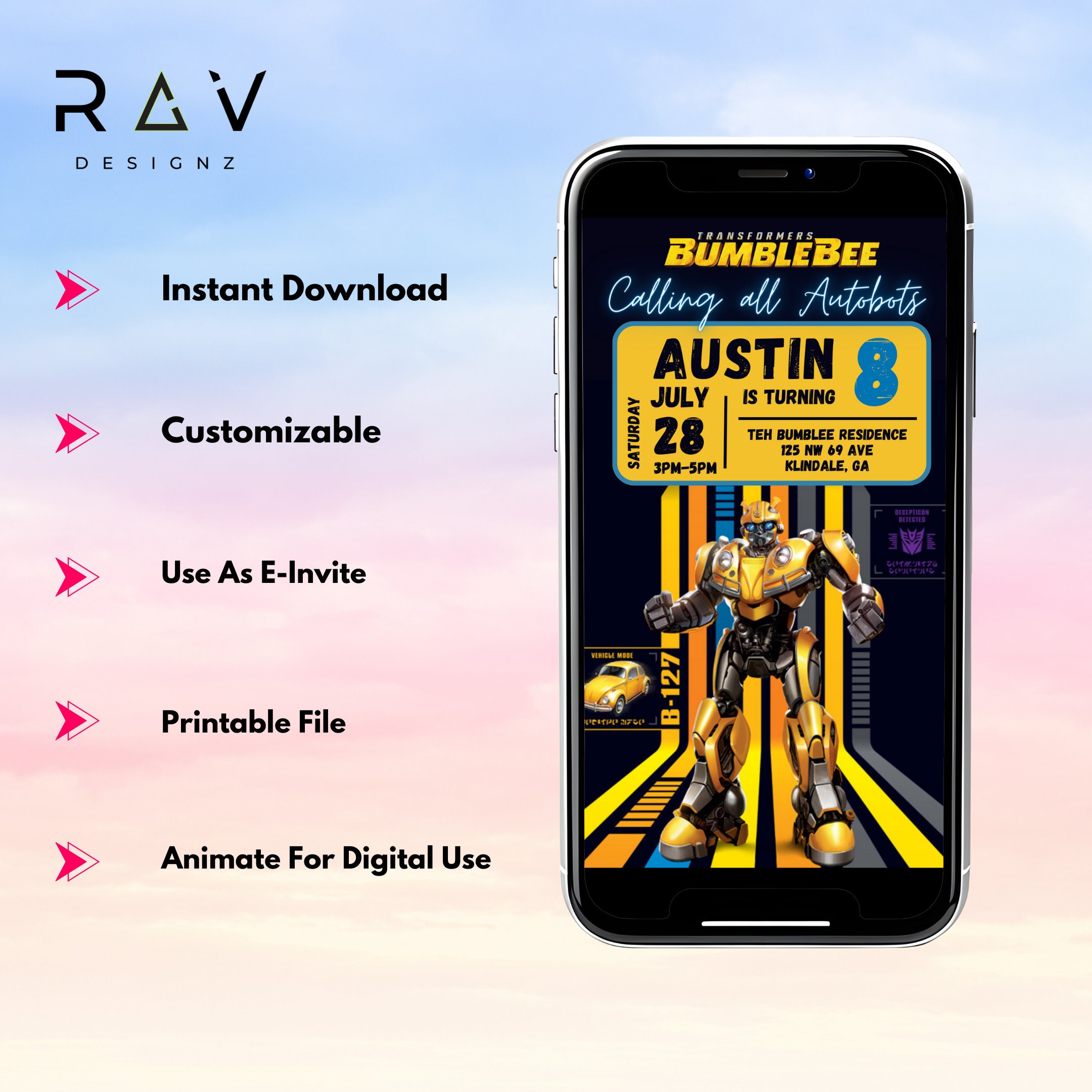 Editable Bumblebee Transformer Birthday Invitation Customizable Canva ...