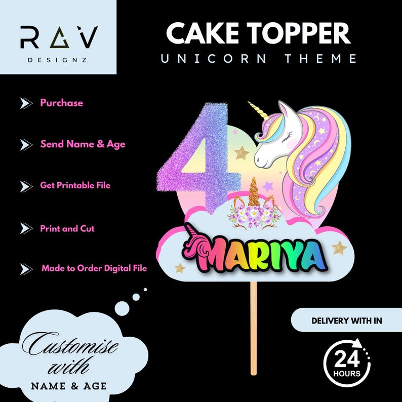 Printable Unicorn Cake Topper, Free Customize, Unciorn Cake Topper, Digital File, Printable ...