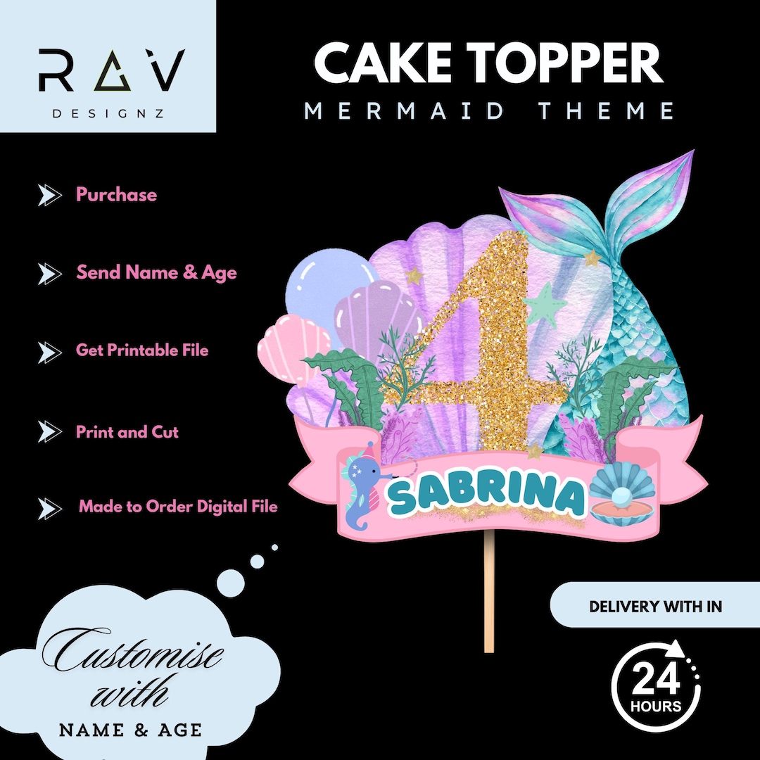 Printable Mermaid Cake Topper, Free Customize, Mermaid Cake Topper ...