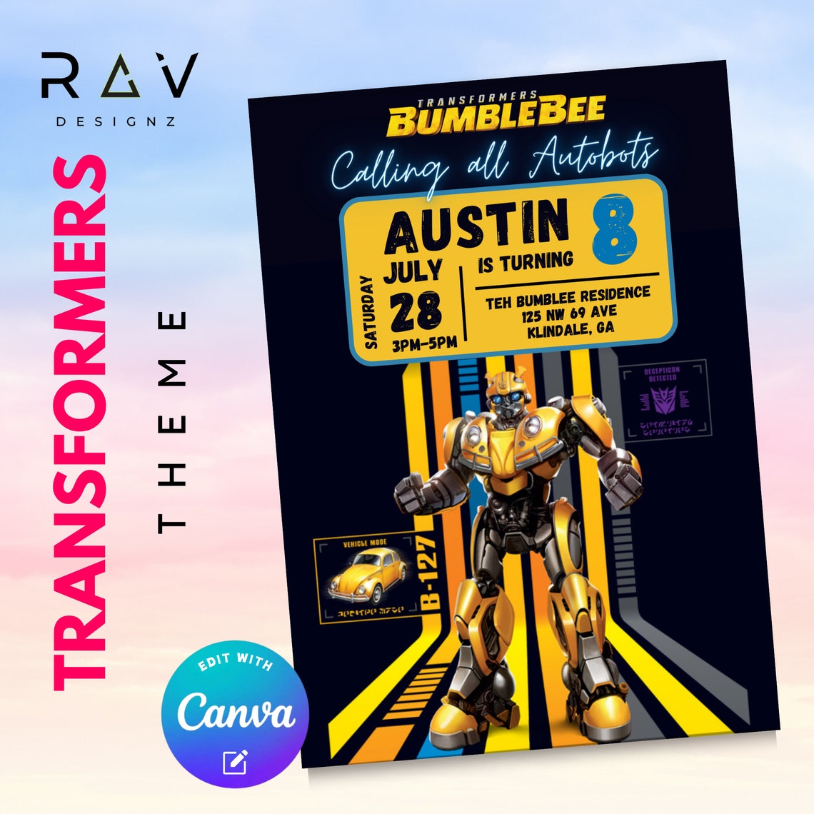 Editable Bumblebee Transformer Birthday Invitation Customizable Canva ...
