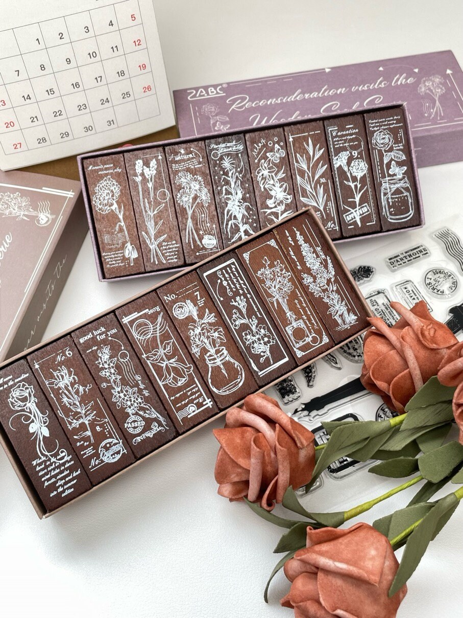 Handmade Floral Wooden Stamp Set 8 Pieces for DIY Journals, Card Making ...