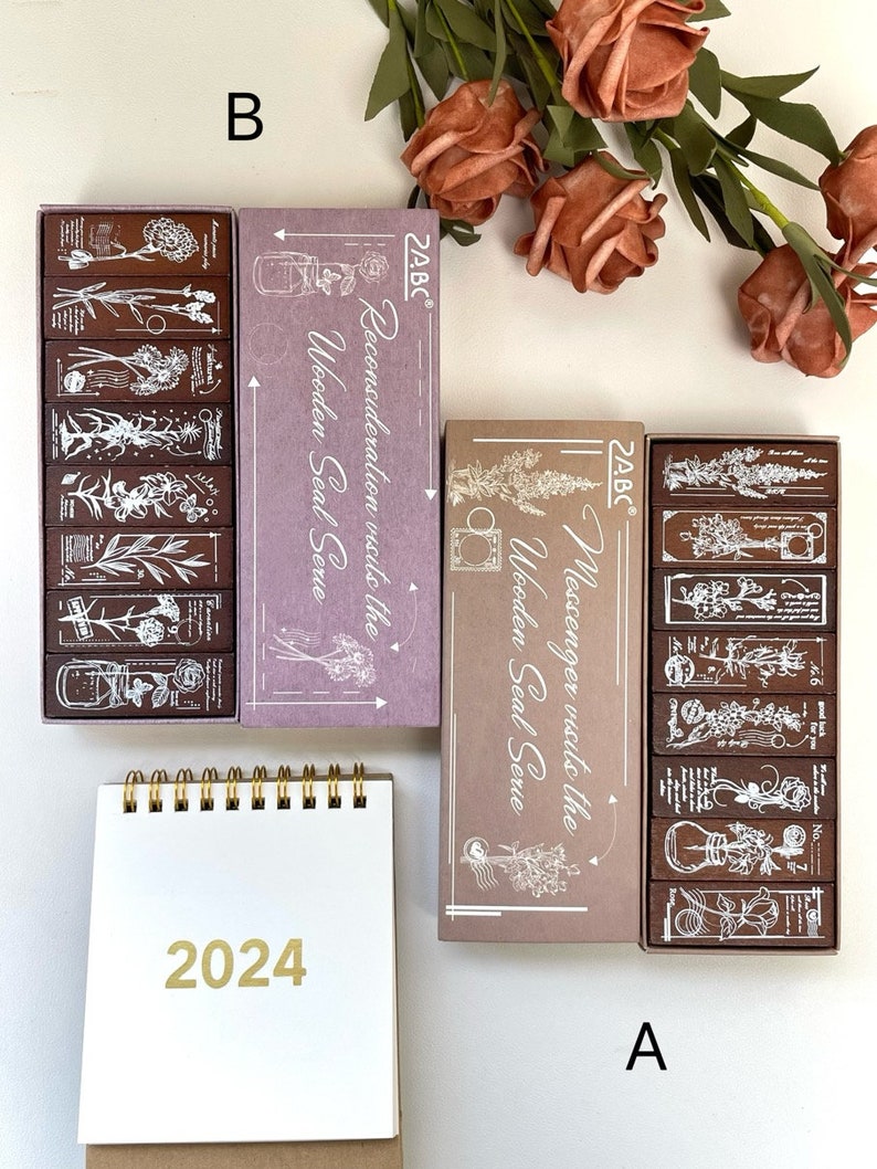 Handmade Floral Wooden Stamp Set 8 Pieces for DIY Journals, Card Making ...