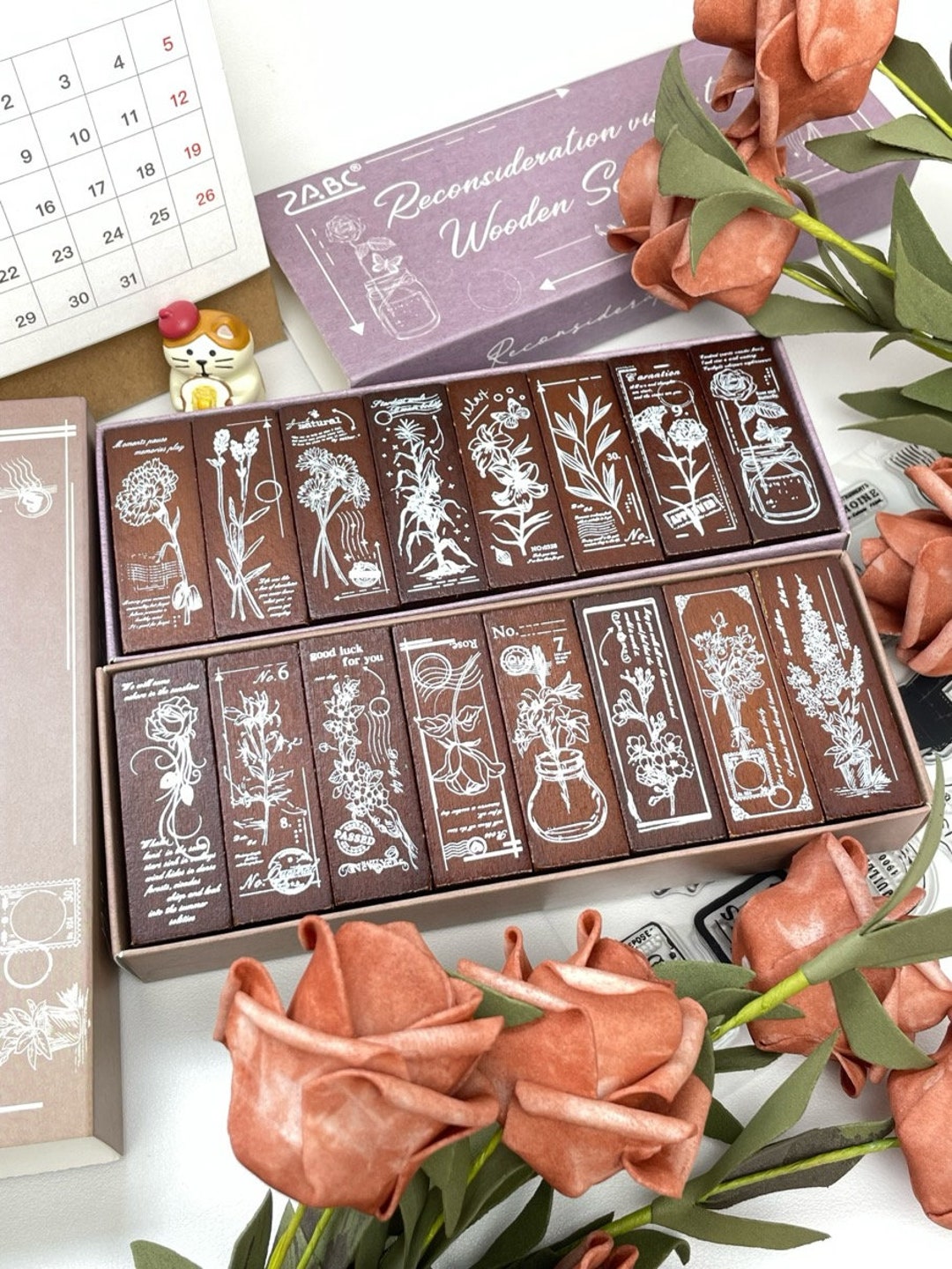 Handmade Floral Wooden Stamp Set 8 Pieces for DIY Journals, Card Making ...