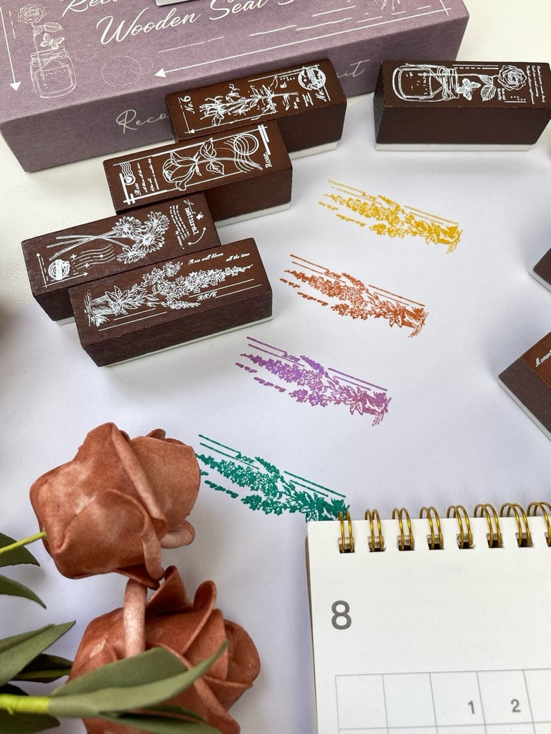 Handmade Floral Wooden Stamp Set 8 Pieces for DIY Journals, Card Making ...