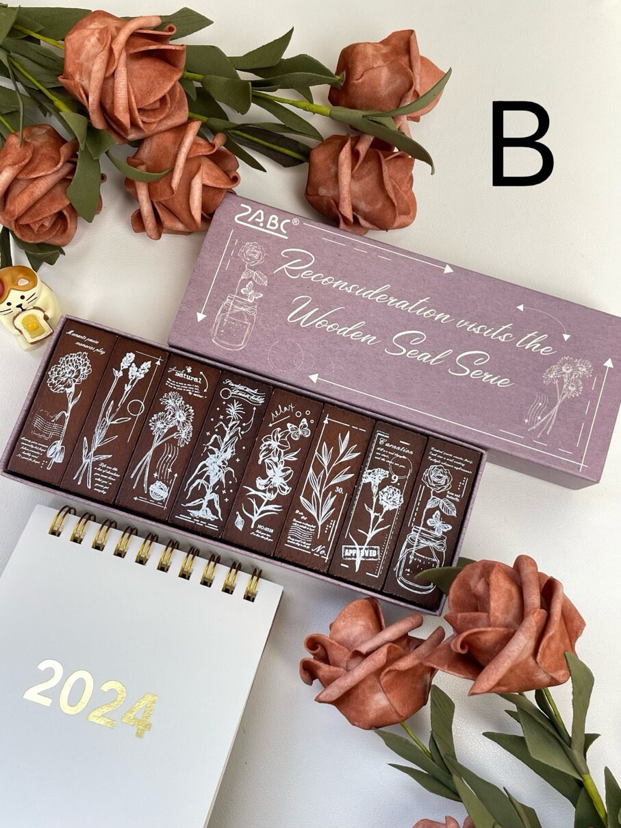 Handmade Floral Wooden Stamp Set 8 Pieces for DIY Journals, Card Making ...