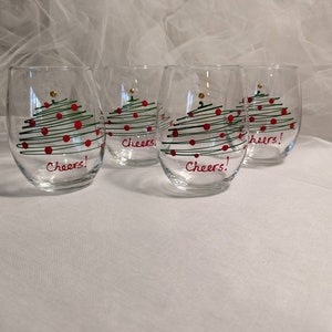 Christmas Wine Glasses Set of 4 Hand Painted Christmas Tree Wine ...