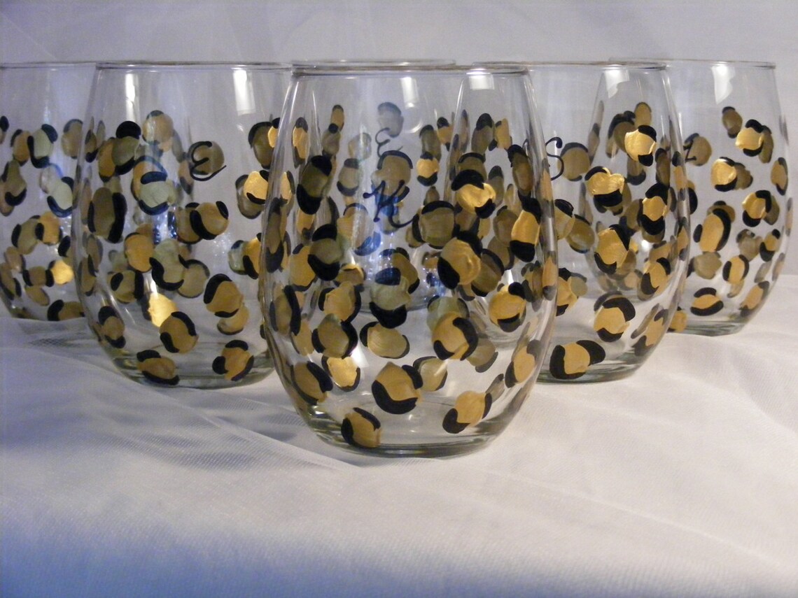 Painted Leopard Print Stemless Wine Glasses Set of 4 - Etsy