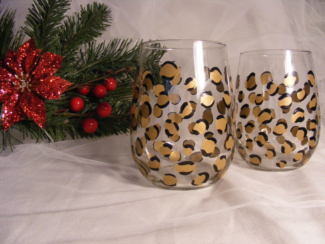 Painted Leopard Print Wine Glasses in Gold and Black - Etsy