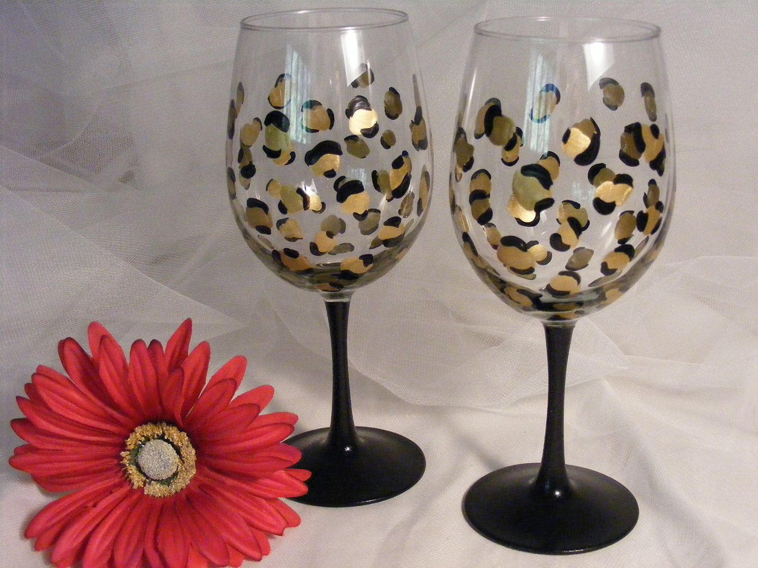 Leopard Print Wine Glass Glasses With Black Stem Great Gift - Etsy