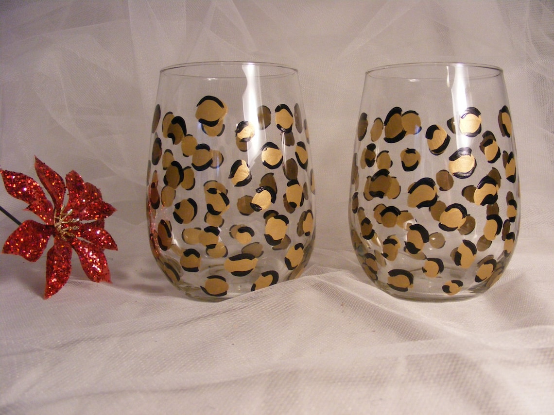 Painted Leopard Print Wine Glasses in Gold and Black - Etsy