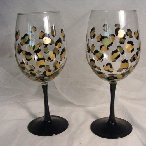 Leopard Print Wine Glass Glasses With Black Stem Great Gift | Etsy