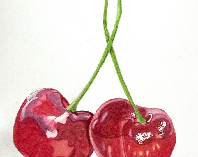 Botanical Watercolor Painting, New Art Three Cherries, Signed, Matted ...