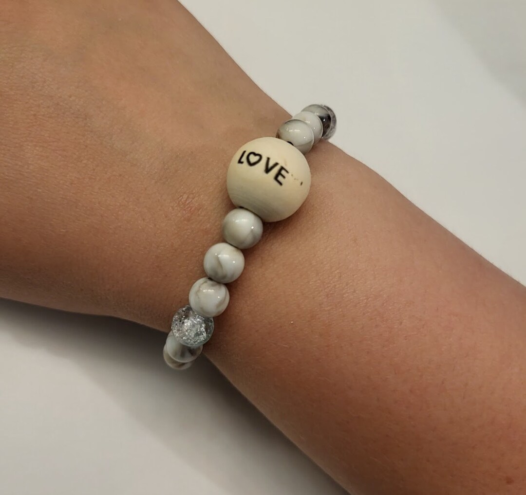 Gray and White Marble With Shatter Glass Bead "love" Bracelet - Etsy