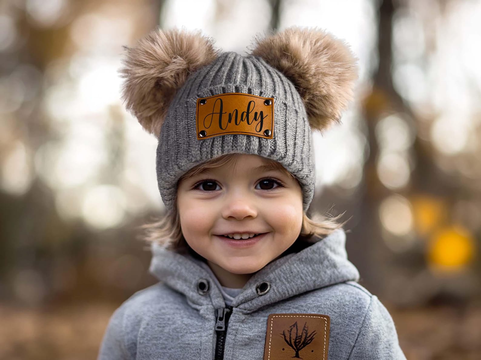 Engraved Leather Patch Beanie, Personalized Kid Beanie With Fur Pompom ...
