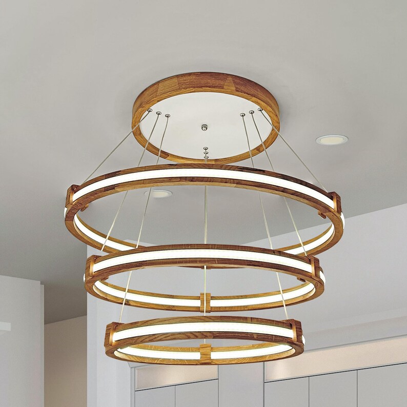 Ceiling LED Wooden Chandelier, Round Pendant Lighting, Modern Living ...