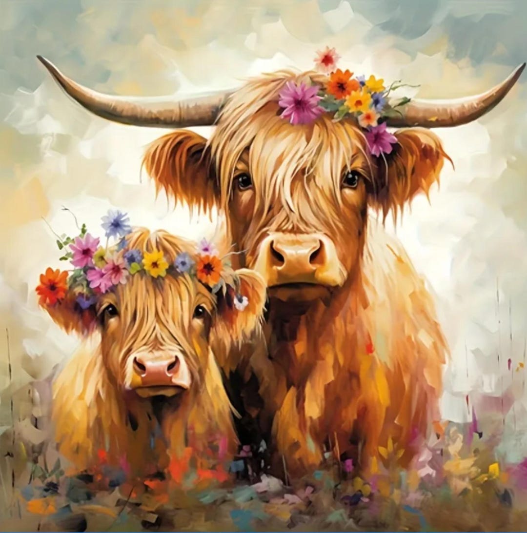 Highland Cow and Calf 5D Diamond Painting Kit, Diamond Art Kit, 35x35cm ...