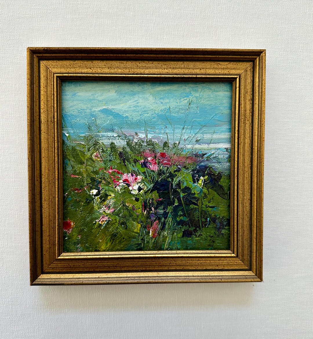 Original Framed Ocean Garden Painting: Small Acrylic Landscape (5x5 In ...