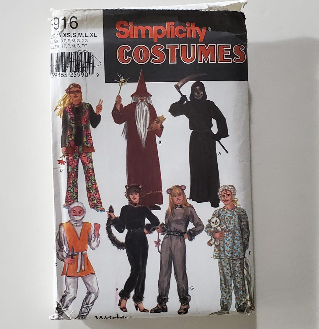 Simplicity 7 Costumes Sewing Pattern Ninja Reaper Wizard Hippie Cat XS ...