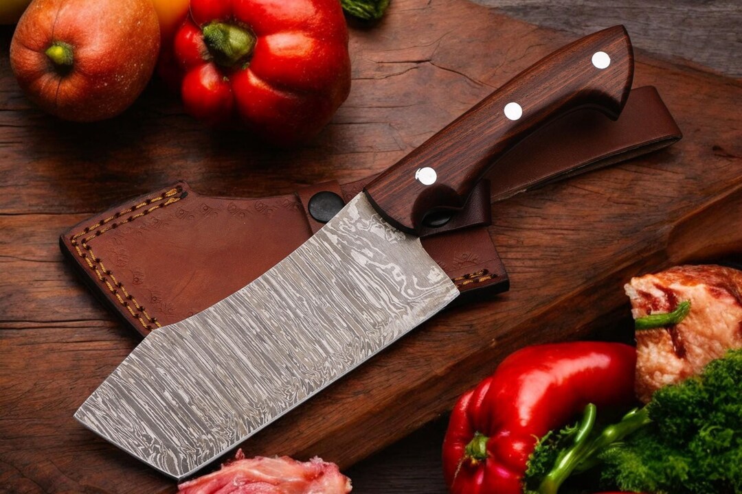 Kitchen Cleaver Damascus Steel Walnut & Hard Wood Handle Leather Sheath Outdoors Butcher Knife ...