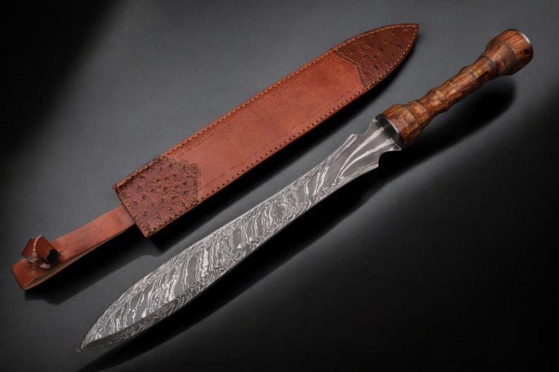 Sword | Damascus Steel | Walnut Wood Handle | Custom Leather Sheath ...