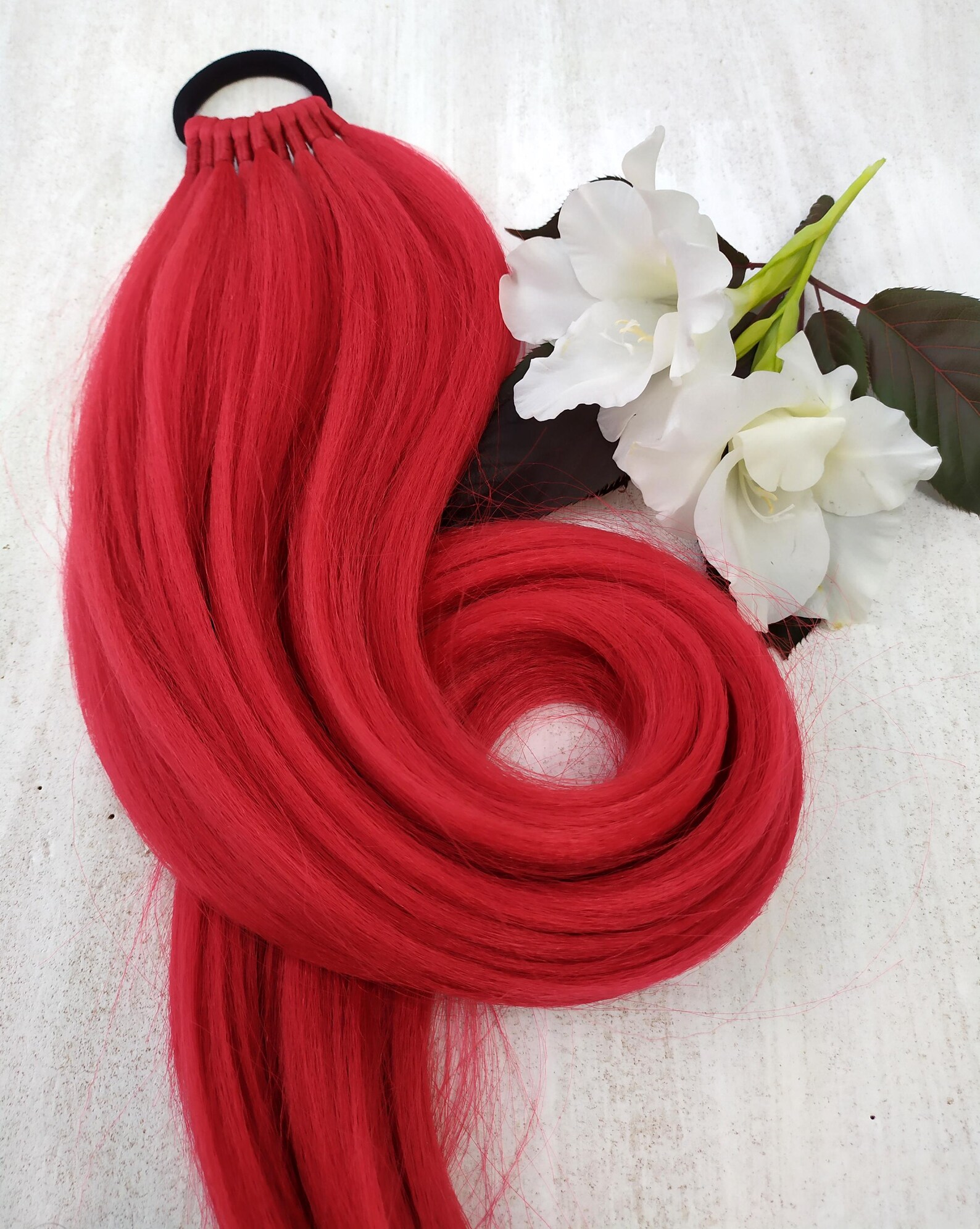 Red Ponytail Extension – Synthetic Hair on Elastic Band, Festival ...