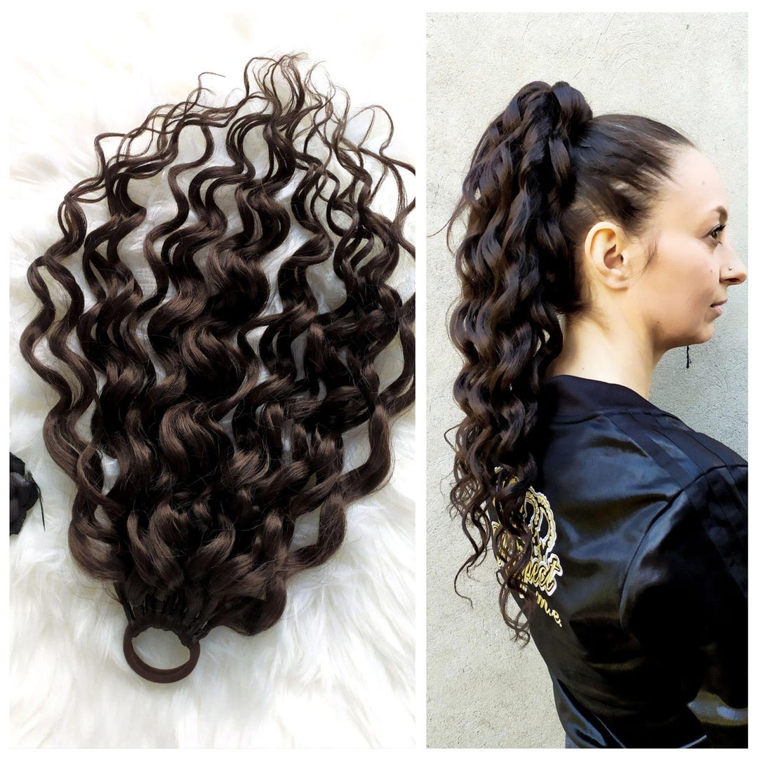 Dark Brown Curly Ponytail Extensions, Wavy Hair on Elastic Band ...