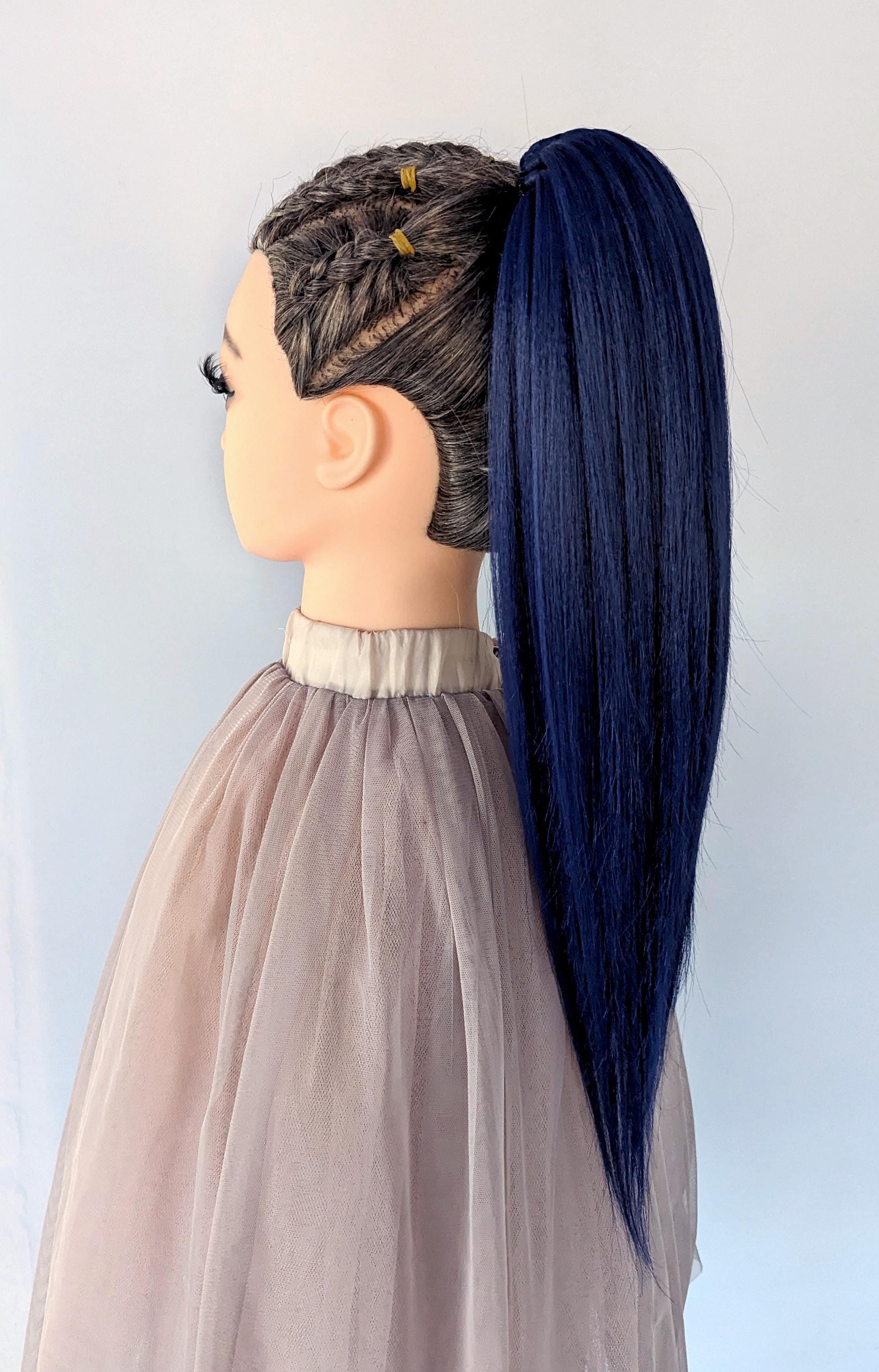 Navy Blue Ponytail Extension – Dark Blue Synthetic Hair on Elastic Band ...