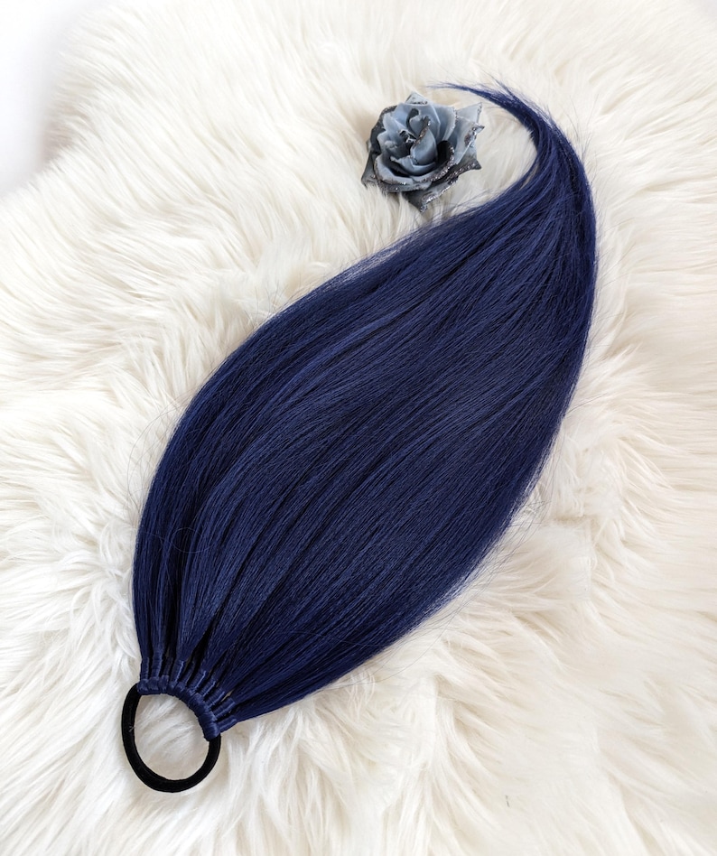 Navy Blue Ponytail Extension – Dark Blue Synthetic Hair on Elastic Band ...