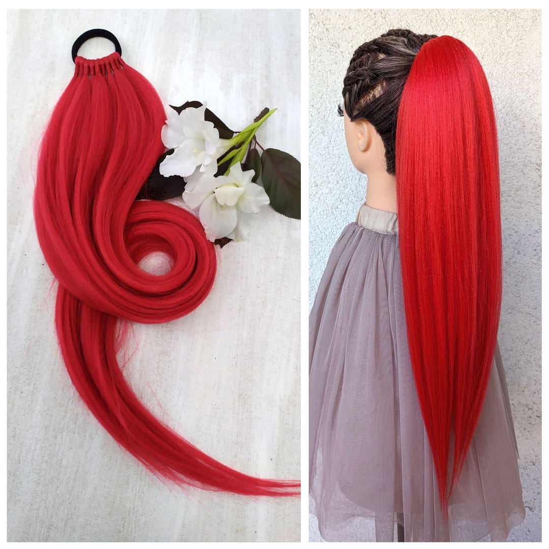 Red Ponytail Extension – Synthetic Hair on Elastic Band, Festival ...