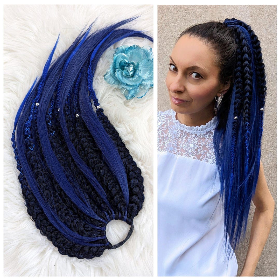 Navy Blue Ponytail Extension With Braids, Ombre Synthetic Hairpiece on ...