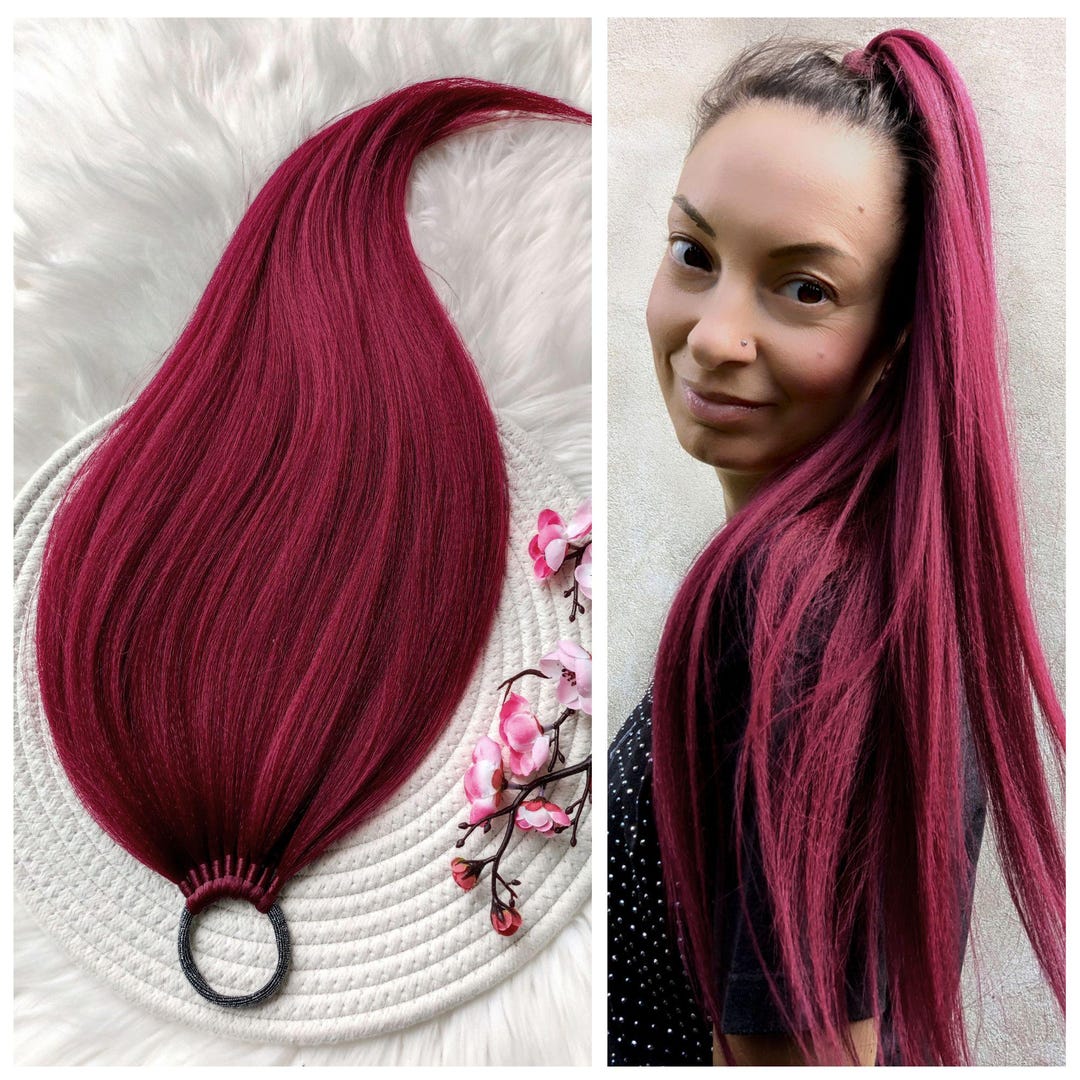 Burgundy Ponytail Extension, Straight Synthetic Hairpiece on Elastic ...