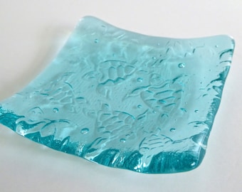 Turquoise Fused Glass Turtle Shell Imprint Square Plate by | Etsy