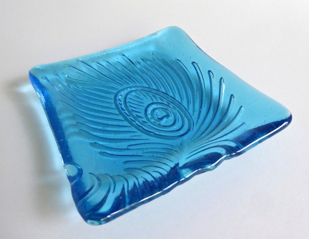 Fused Glass Peacock Feather Imprint Square Plate in Light Turquoise by ...