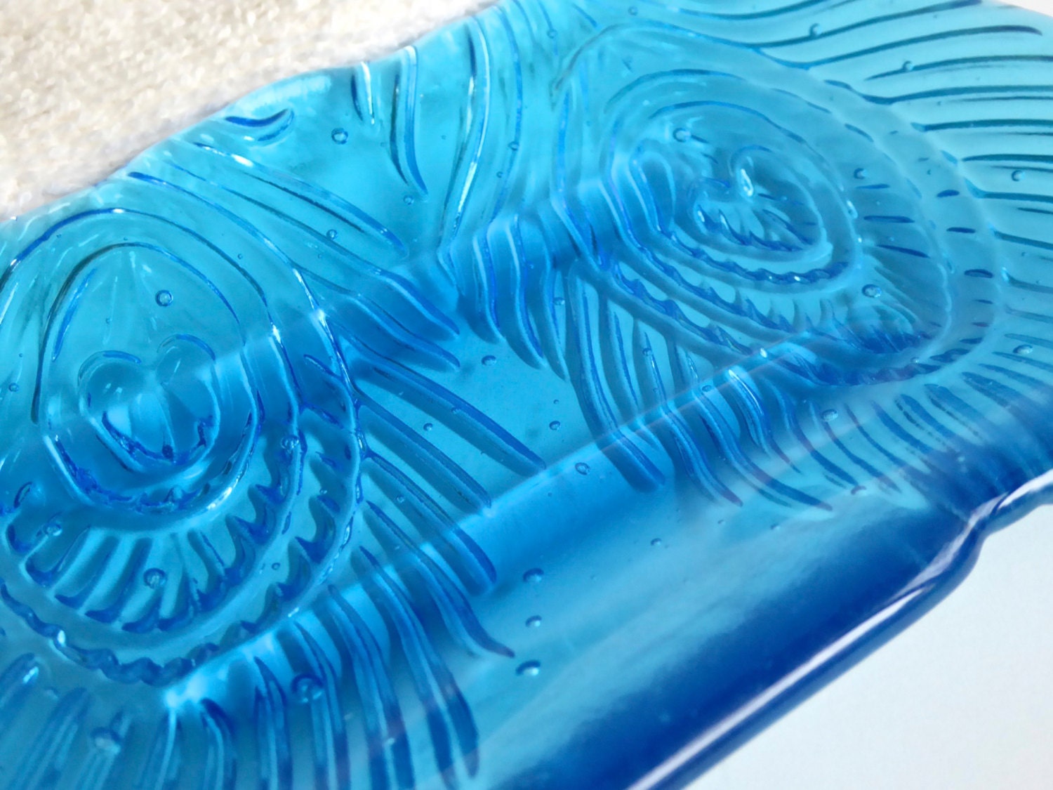 Peacock Feather Imprint Soap Dish in Light Turquoise Fused | Etsy