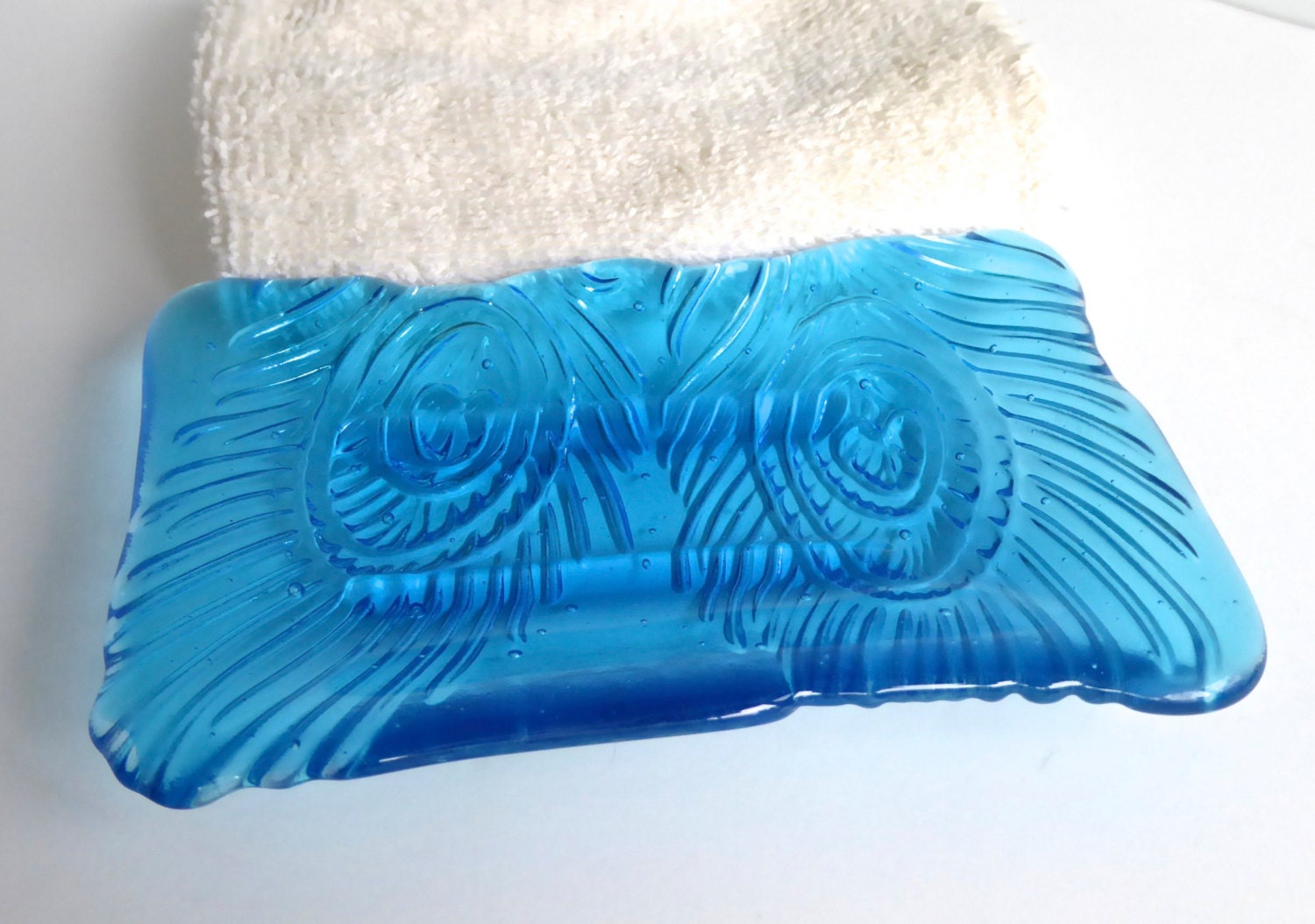 Peacock Feather Imprint Soap Dish in Light Turquoise Fused | Etsy