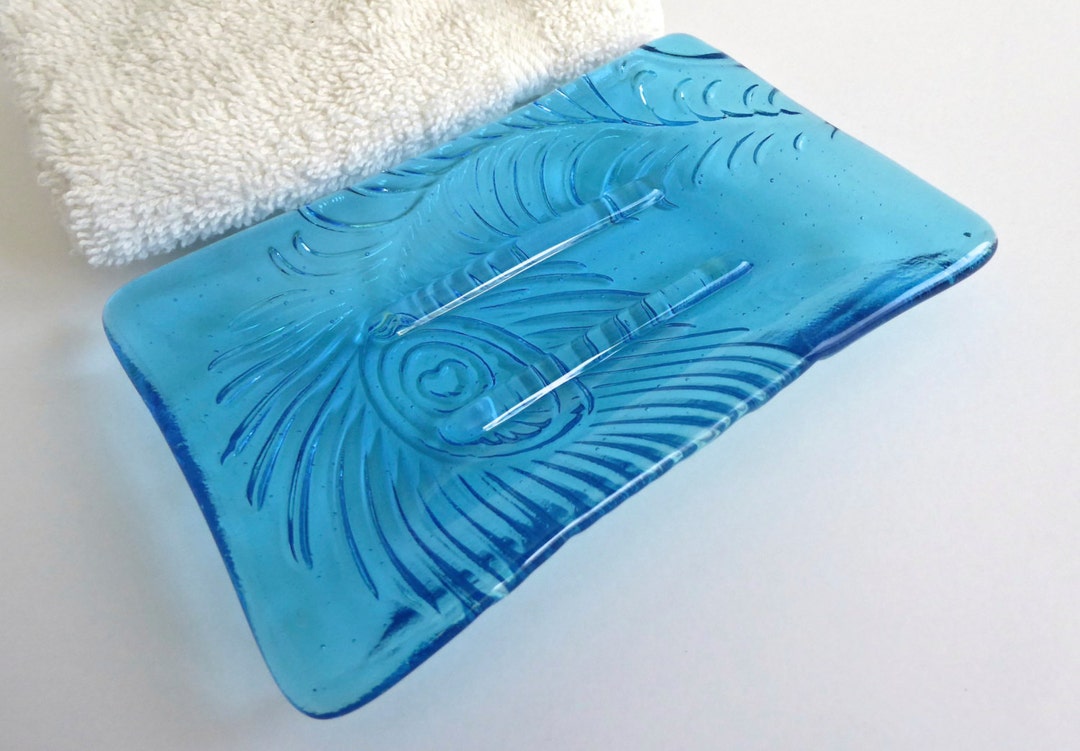 Peacock Feather Imprint Soap Dish in Light Turquoise Fused Glass by ...
