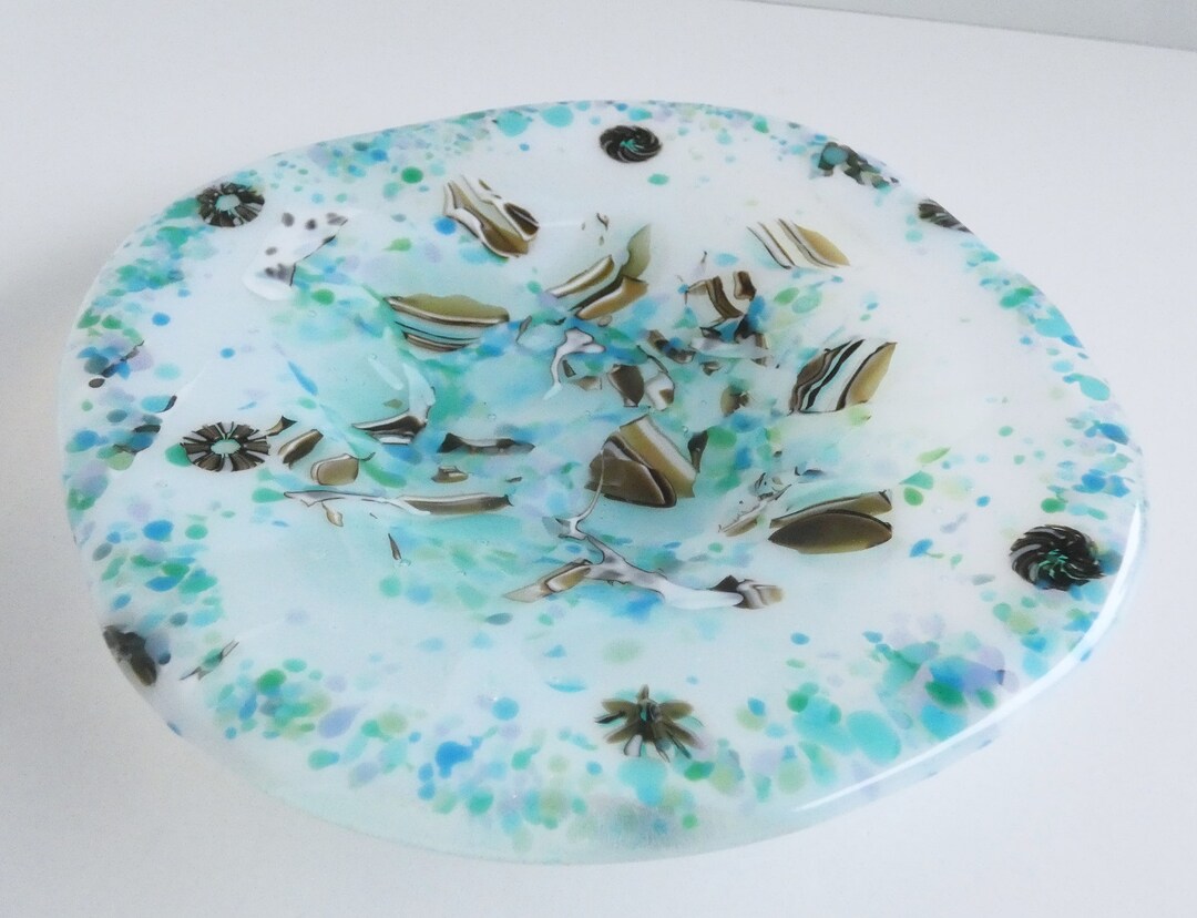 Fused Glass Dish in White Brown and Blue by BPR Designs - Etsy