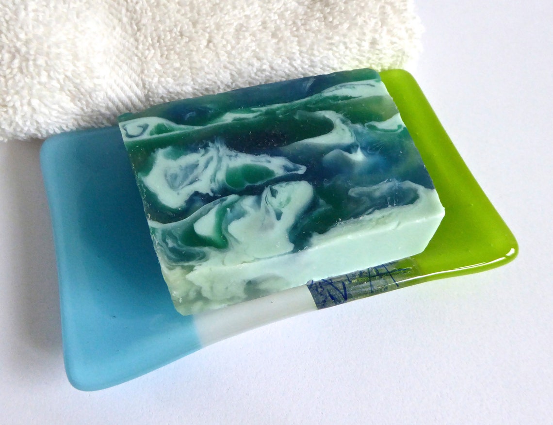 Fused Glass Soap Dish in Cyan Blue White and Spring Green by | Etsy