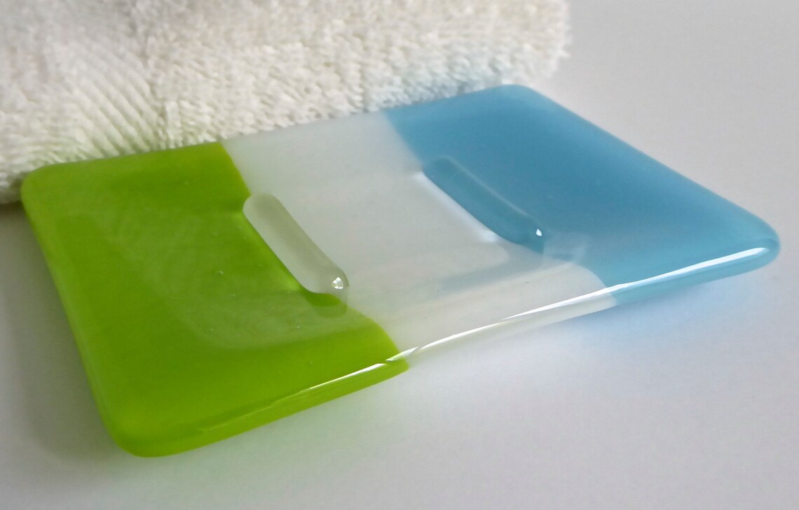 Fused Glass Soap Dish in Cyan Blue White and Spring Green by - Etsy