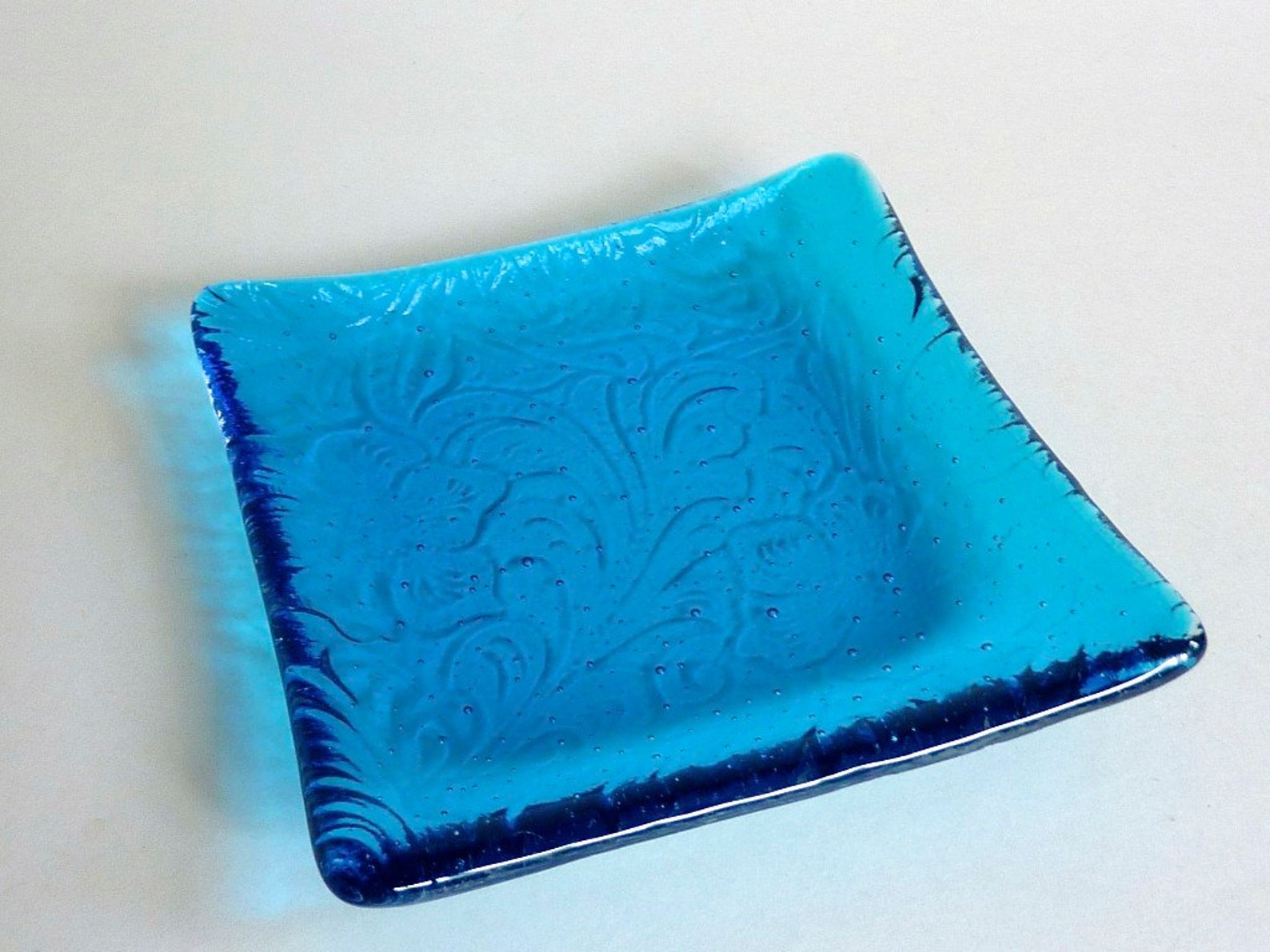 Fused Glass Floral Thistle Imprint Plate in Bright Turquoise by ...